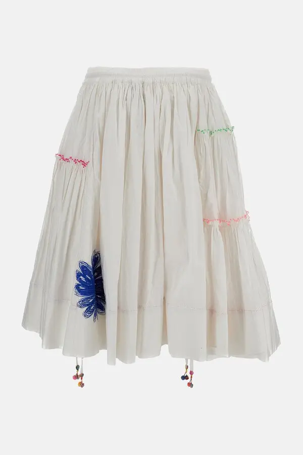 Pero Tiered Cotton Skirt With Embroidered Appliqués And Pom-poms - White