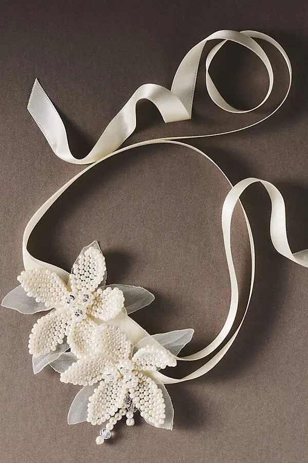 SEREFINA Pearled Orchid Ribbon Wrap Choker - White