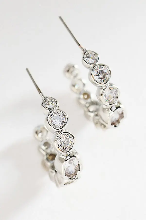 Anthropologie Bezel Crystal Hoop Earrings - Silver