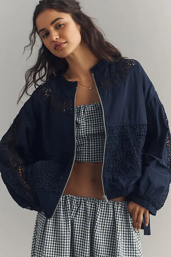 Anthropologie Lace Bomber Jacket - Navy