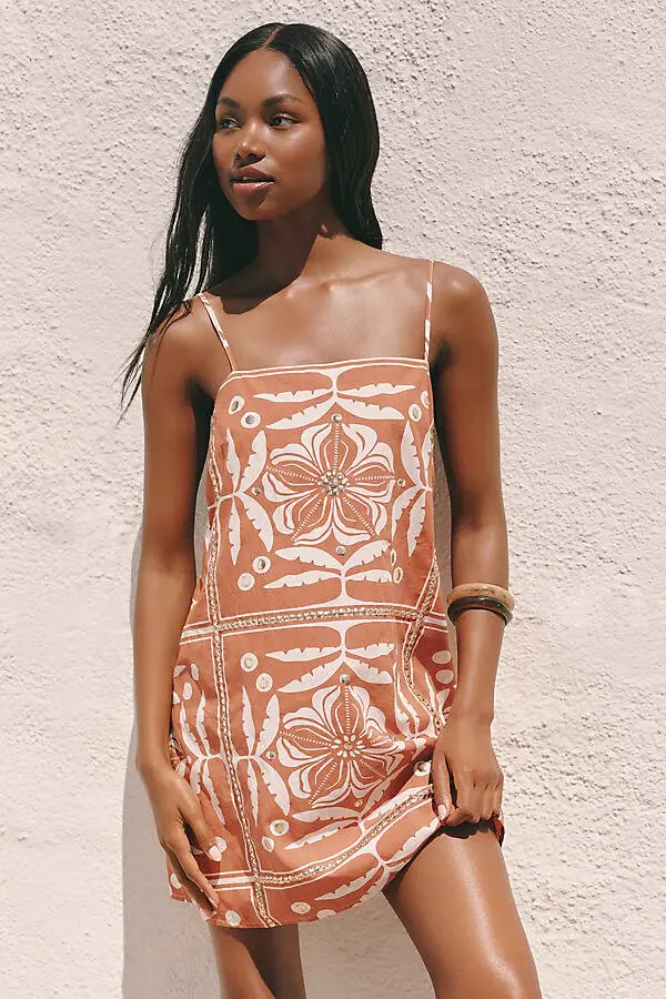 CELANDINE Cotton Printed Shift Dress With Sequin Embellishments - Brown/cream