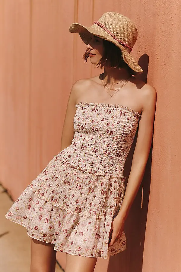 Anthropologie Strapless Smocked Tiered Mini Dress - Ivory Floral