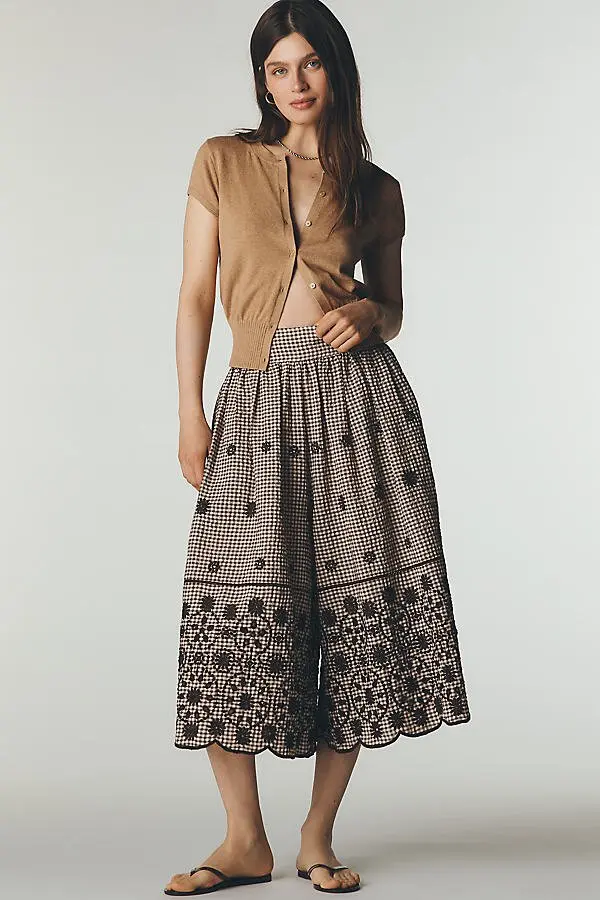 Maeve Skirty Embroidered Culotte Pants - Brown Check