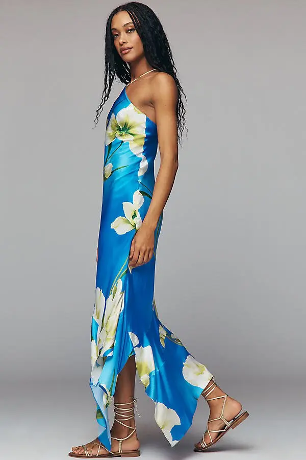 Amanda Uprichard Asymmetrical Satin Halterneck Maxi Dress