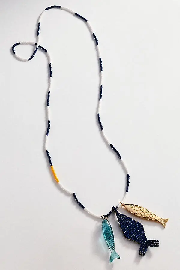 Anthropologie Ceramic Beaded Fish Pendant Necklace - Blue