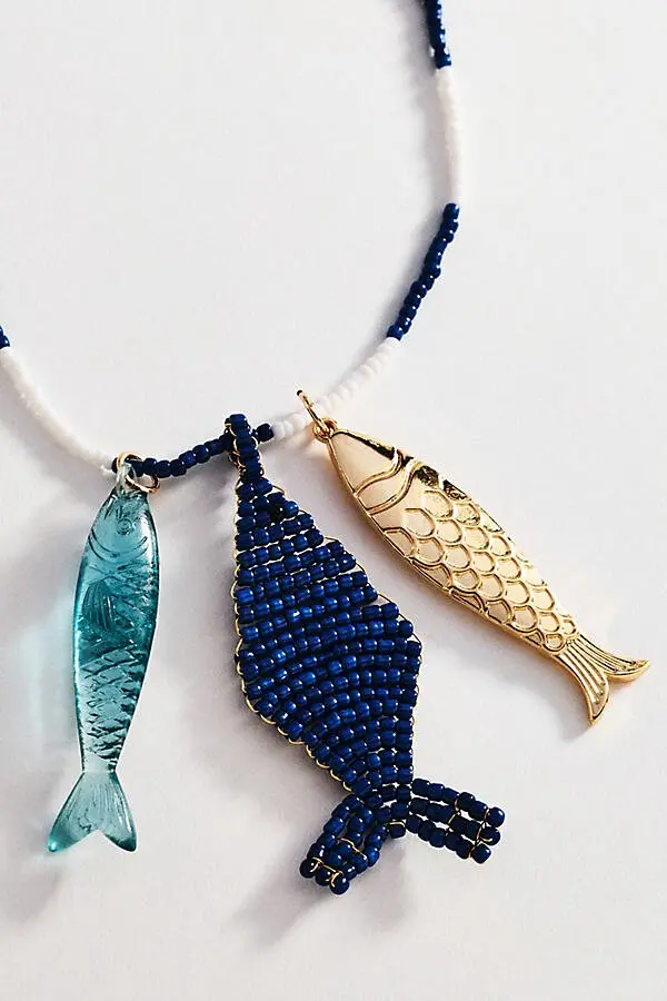 Anthropologie Ceramic Beaded Fish Pendant Necklace - Blue
