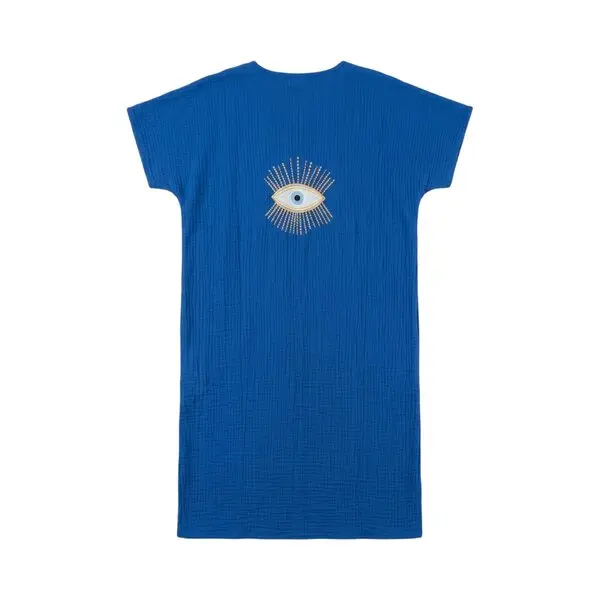 CASA DUNIYA Royal Cotton Evil Eye Embroidery Soleil Swimsuit Cover-up - Blue
