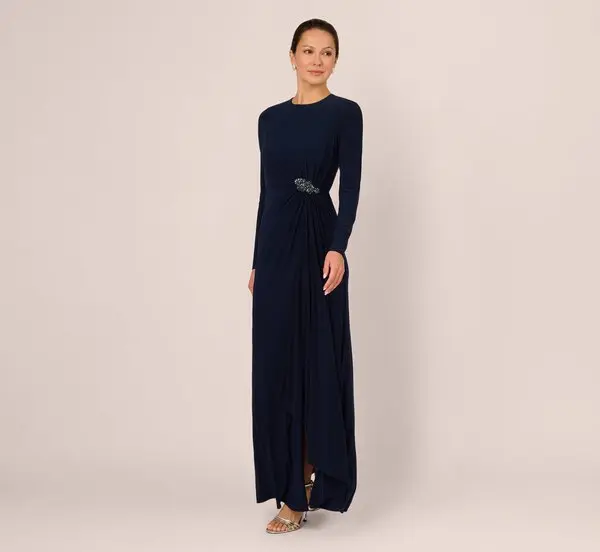 Adrianna Papell Long Sleeve Beaded Draped Gown