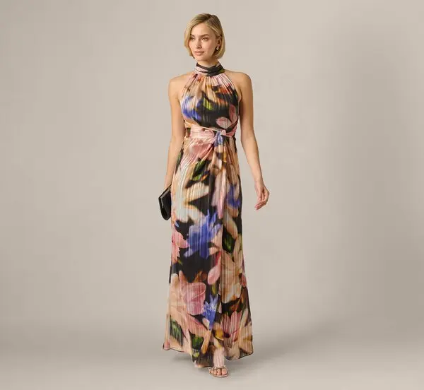 Adrianna Papell Floral Ribbon Chiffon Halter Mermaid Gown - Black Multi