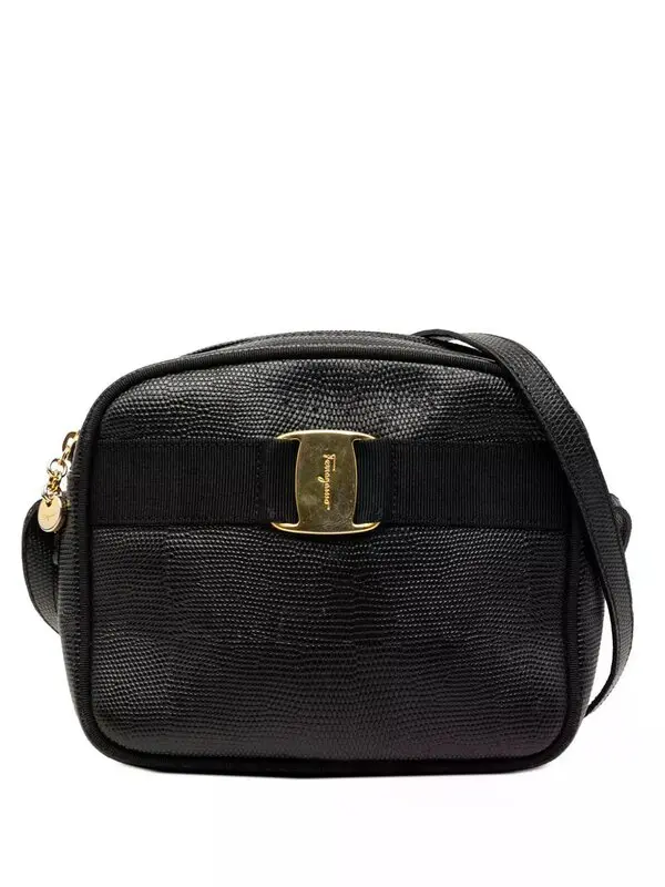 FERRAGAMO Lizard Embossed Leather Crossbody Bag - Black