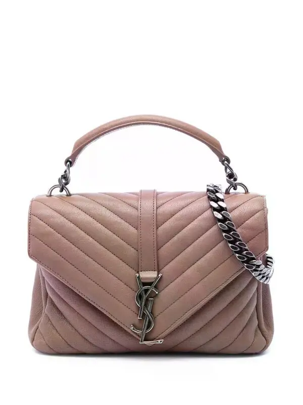 Saint Laurent Medium Chevron Sheepskin Monogram College Satchel - Brown