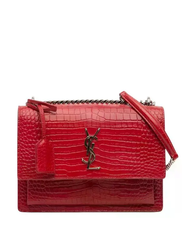 Saint Laurent Medium Croc Embossed Leather Monogram Sunset Crossbody Bag - Red