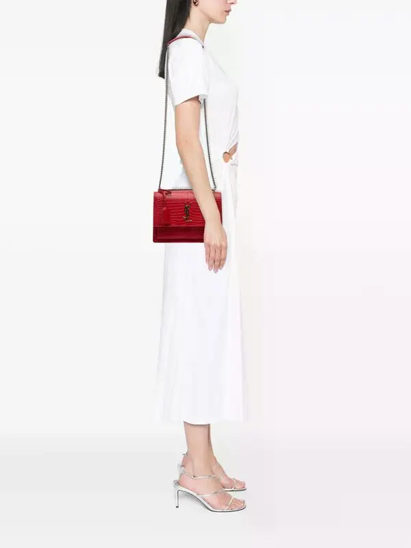 Saint Laurent Medium Croc Embossed Leather Monogram Sunset Crossbody Bag - Red