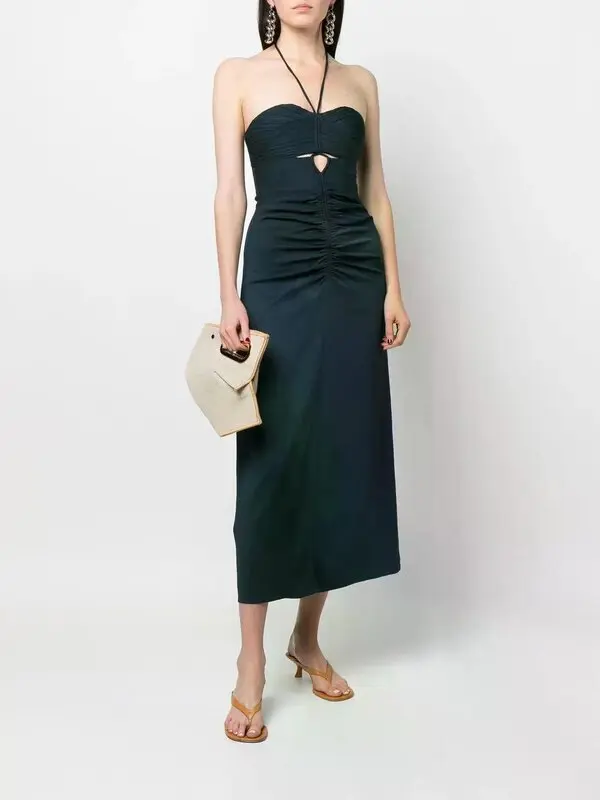 SELF-PORTRAIT Halterneck Ruched Maxi Dress - Grey