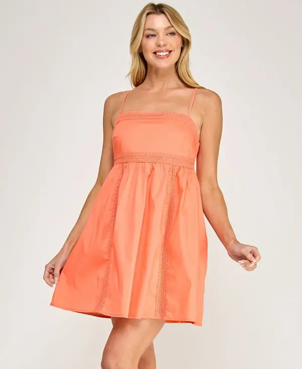 BEAUTY & GRACE Sleeveless Square Neck Mini Dress With Lace Trim