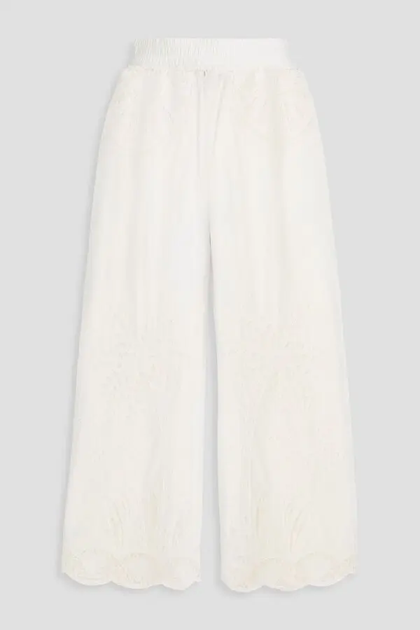 Farm Rio Cropped Broderie Anglaise Cotton Wide-leg Pants - White