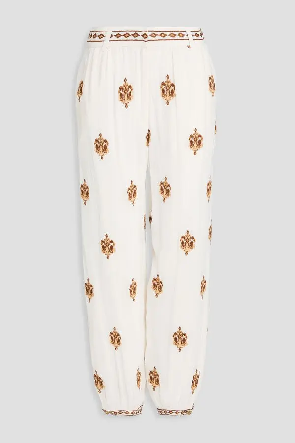 Farm Rio Cropped Embroidered Georgette Tapered Pants - Off-white