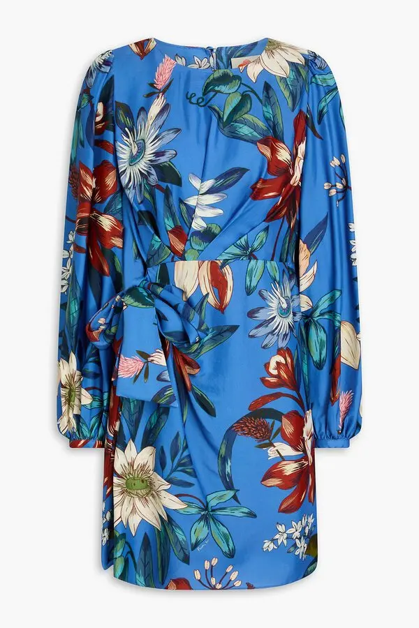 Farm Rio Floral Print Twill Wrap Effect Mini Dress - Azure