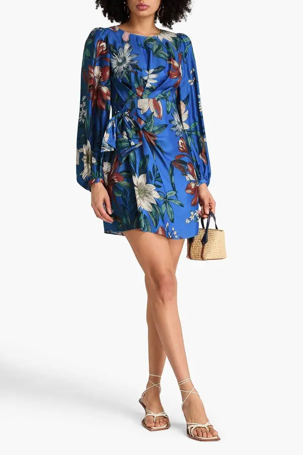 Farm Rio Floral Print Twill Wrap Effect Mini Dress