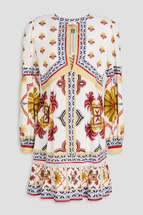 Farm Rio Printed Linen-blend Mini Dress With Guipure Lace Trims - Off-white