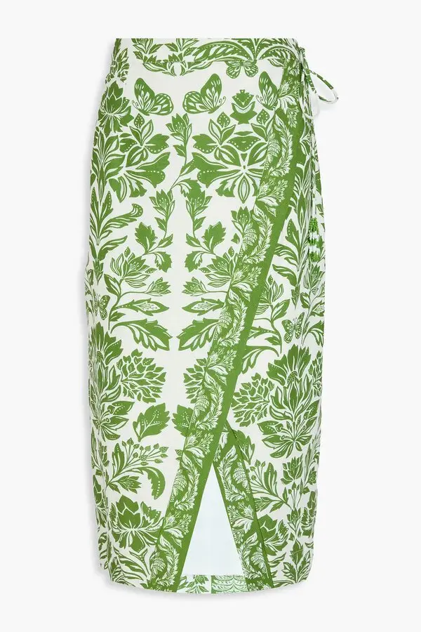 Farm Rio Floralprint Linenblend Midi Wrap Skirt - Leaf Green