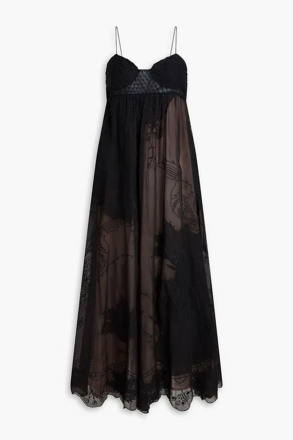 Farm Rio Embroidered Point D'esprit And Organza Midi Dress - Black