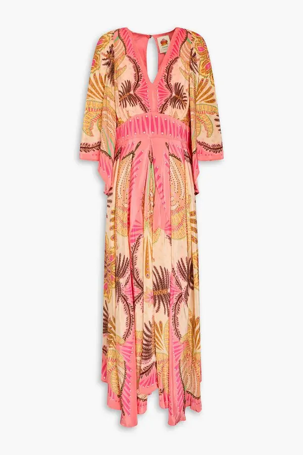 Farm Rio Pleated Printed Crepe De Chine Maxi Dress