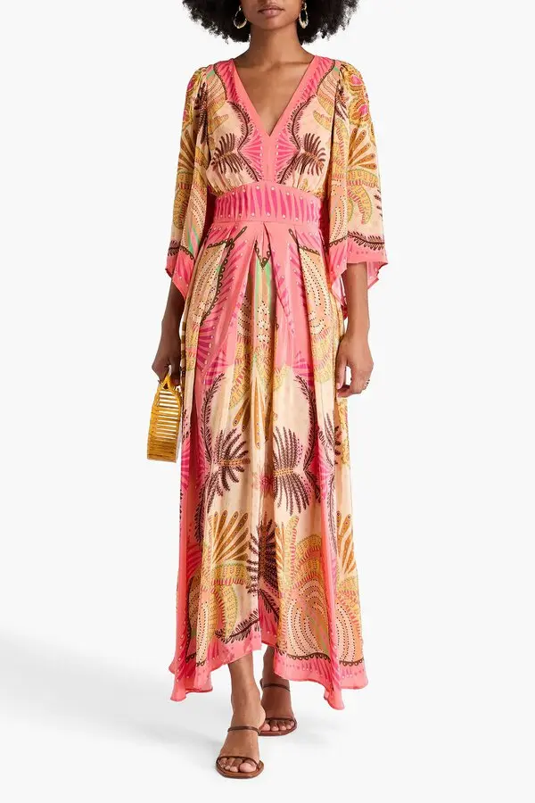 Farm Rio Pleated Printed Crepe De Chine Maxi Dress