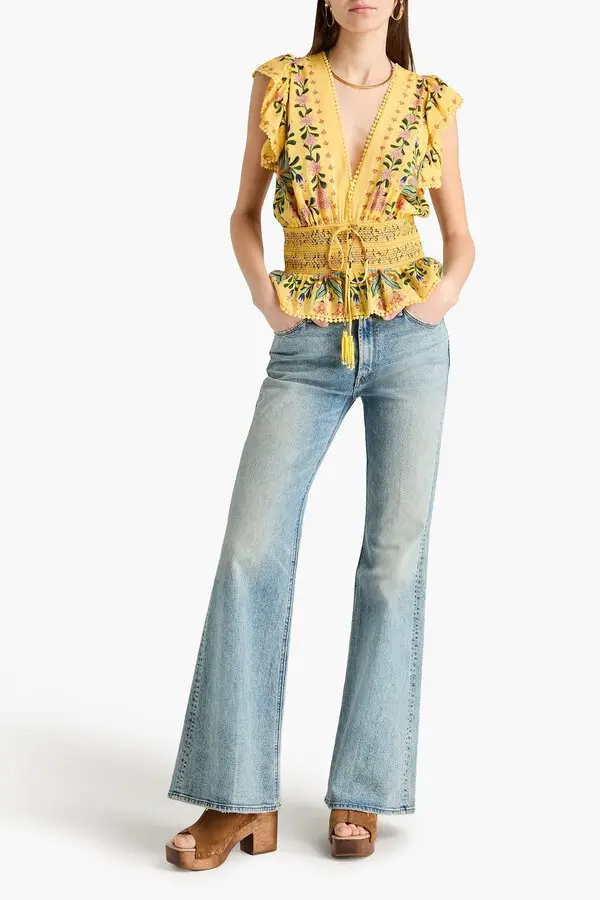 Farm Rio Ruffled Floral-print Cotton-blend Blouse