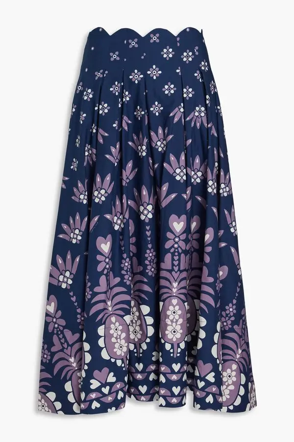Farm Rio Pleated Printed Cotton Poplin Midi Skirt - Navy