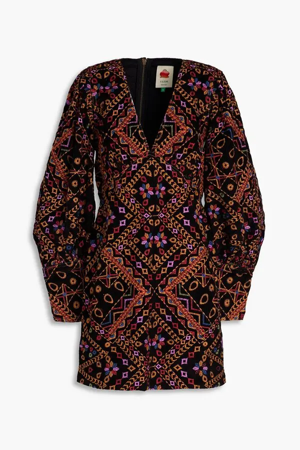 Farm Rio Embroidered Puff Sleeve Corduroy Mini Dress