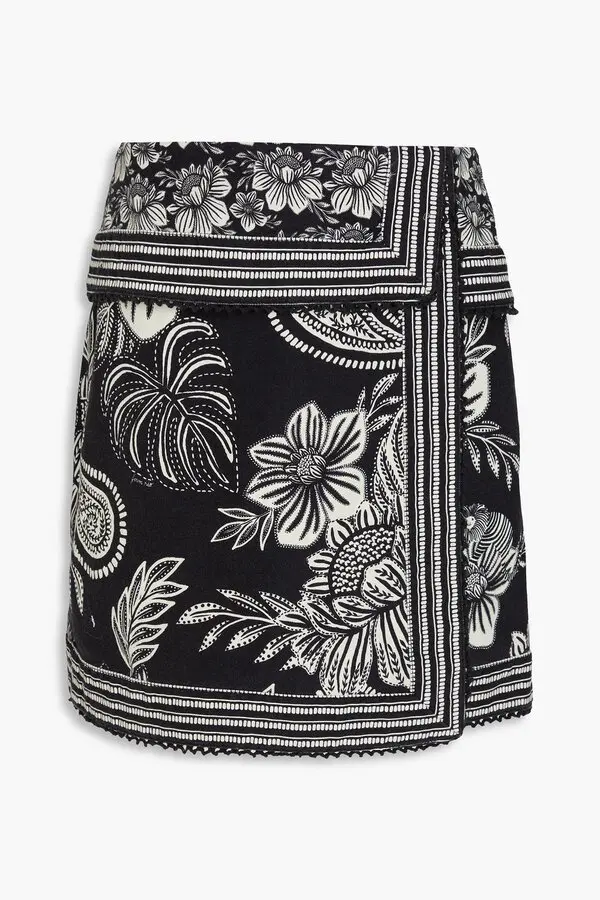 Farm Rio Embroidered Cotton Twill Wrap Mini Skirt