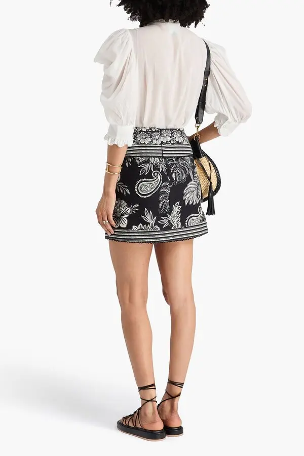 Farm Rio Embroidered Cotton Twill Wrap Mini Skirt