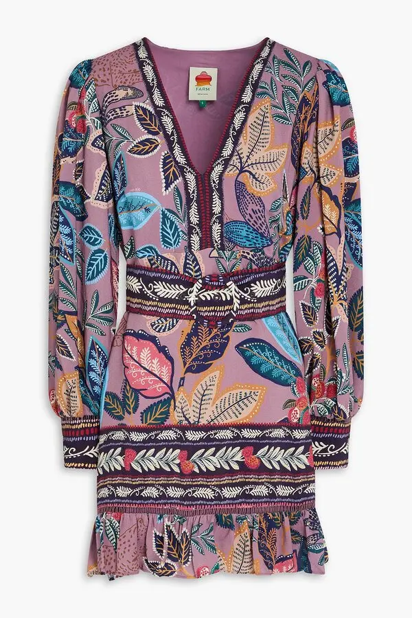 Farm Rio Belted Printed Crepe Mini Dress - Lavender