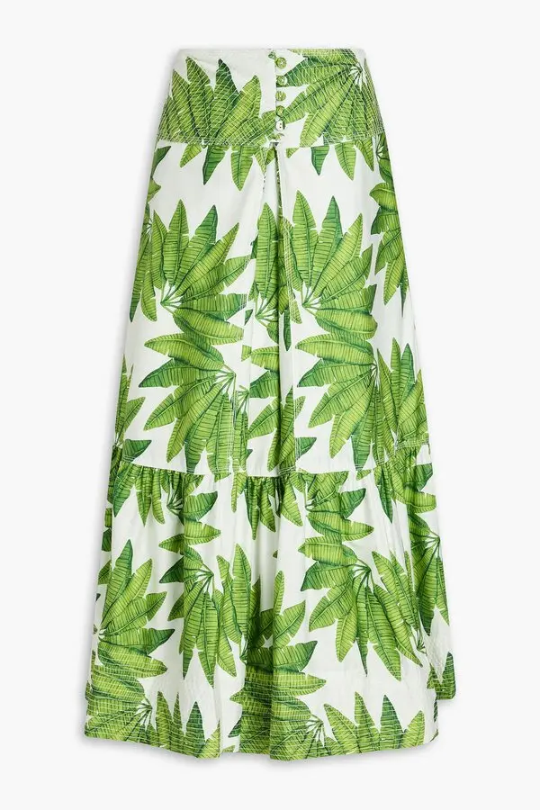 Farm Rio Pleated Printed Cotton Twill Midi Skirt - Leaf Green