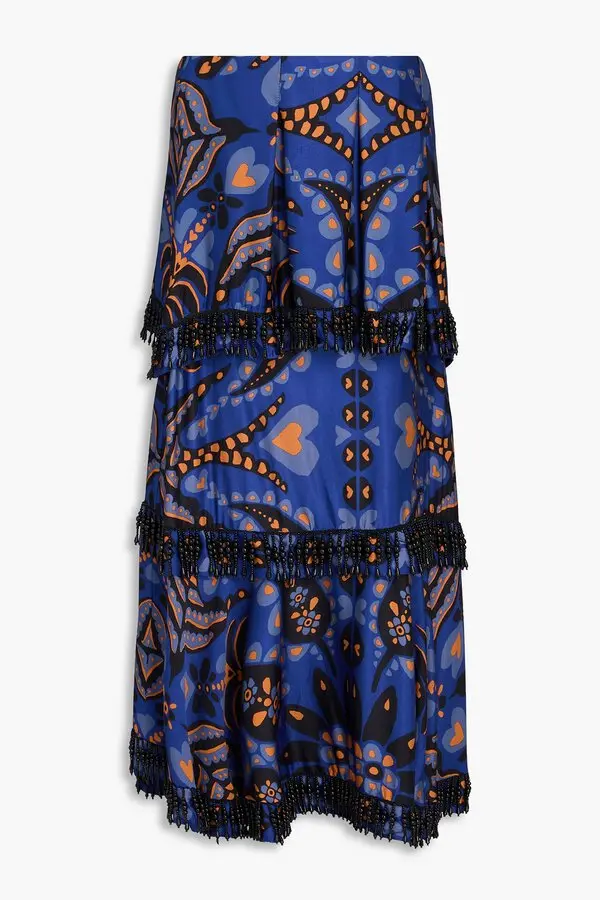 Farm Rio Tiered Beaded Fringe Printed Midi Skirt - Royal Blue