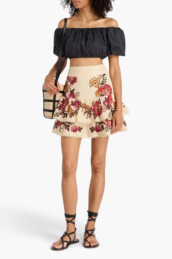 Farm Rio Tiered Printed Swissdot Cotton Mini Skirt