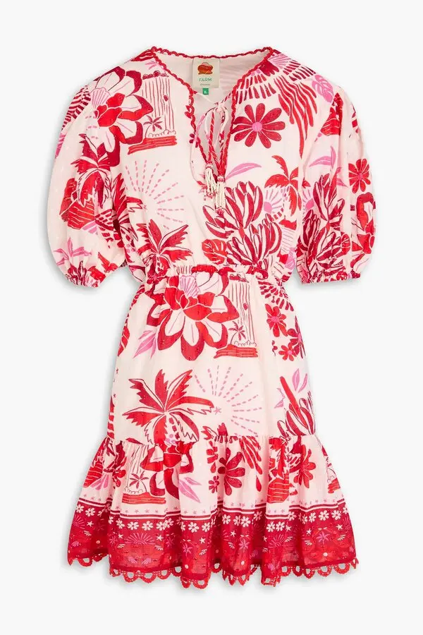 Farm Rio Crochet Trimmed Printed Swissdot Cotton Mini Dress - Red