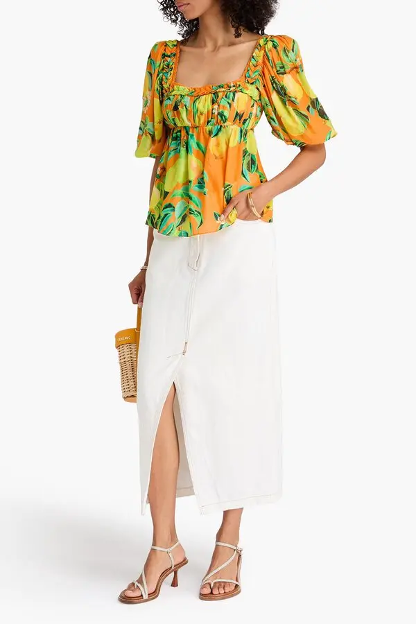 Farm Rio Pleated Printed Cotton Top