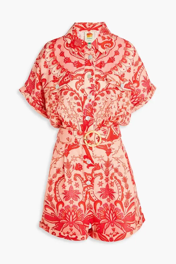 Farm Rio Belted Printed Linen Playsuit - Peach