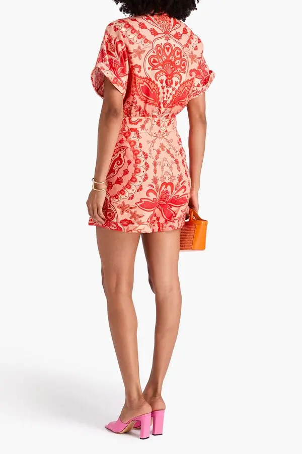 Farm Rio Belted Printed Linen Playsuit