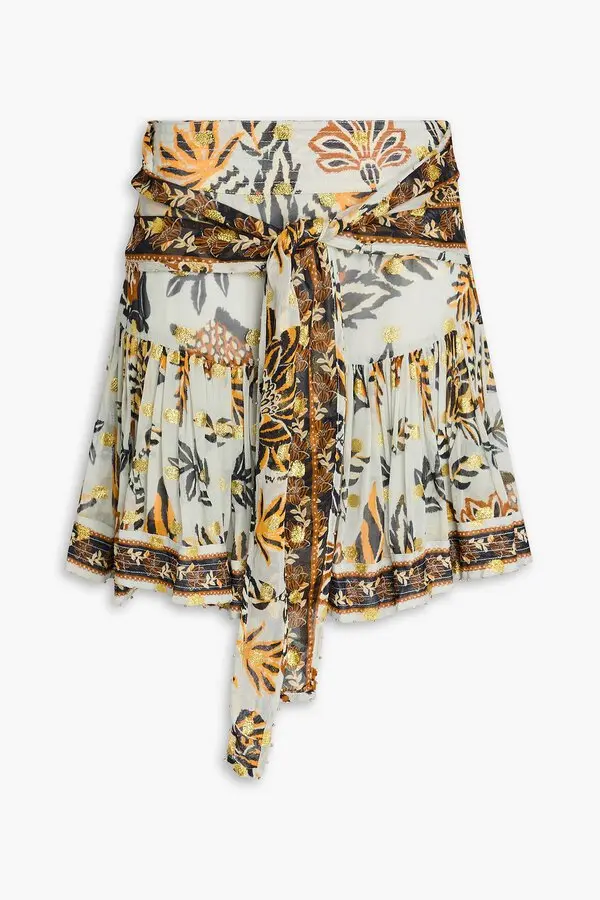 Farm Rio Embellished Tie-front Printed Metallic Fil Coupé Mini Skirt