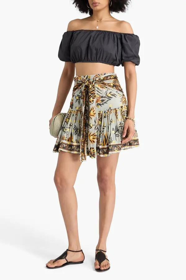 Farm Rio Embellished Tie-front Printed Metallic Fil Coupé Mini Skirt