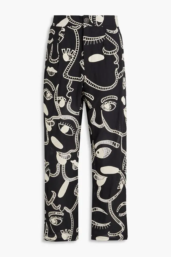 Farm Rio Embroidered Cotton Poplin Straight Leg Pants