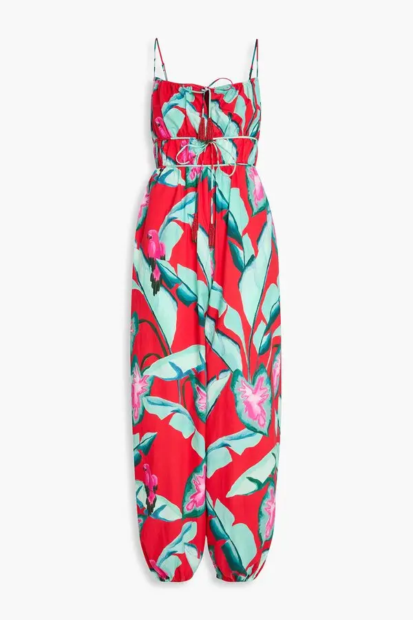 Farm Rio Printed Cotton Poplin Jumpsuit - Red
