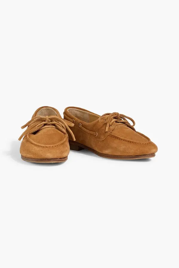Bally Suede Almond Toe Lace-up Boat Shoes - Camel