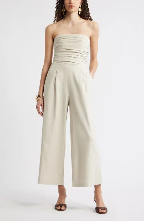 Nordstrom Strapless Linen Blend Jumpsuit With Wide Leg - Beige Oatmeal