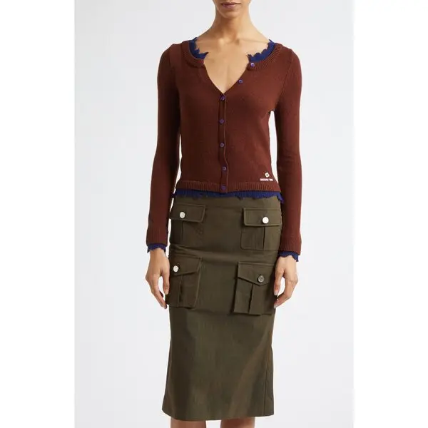 SHUSHU/TONG Deconstructed Contrast Trim Wool Cardigan