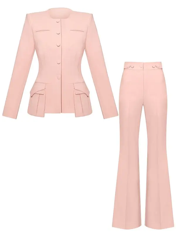 TIA DORRAINE Collarless Button-up Blazer And Flared Trousers Set - Pink