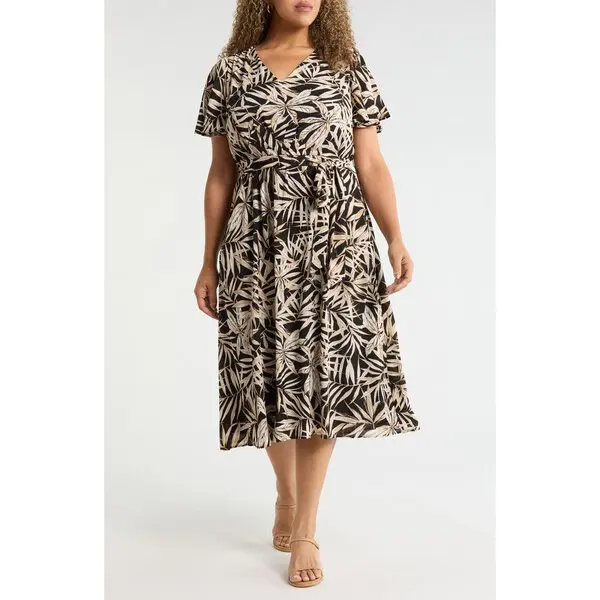 KASPER Leaf Print Flutter Sleeve Midi Dress
